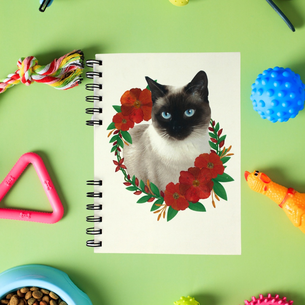 Notebook with Real Pressed Flower Artwork - SIAMESE CAT (White Lined 70 ...