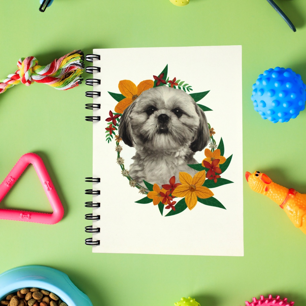 Notebook with Real Pressed Flower Artwork - SHIH TZU DOG (White Lined ...