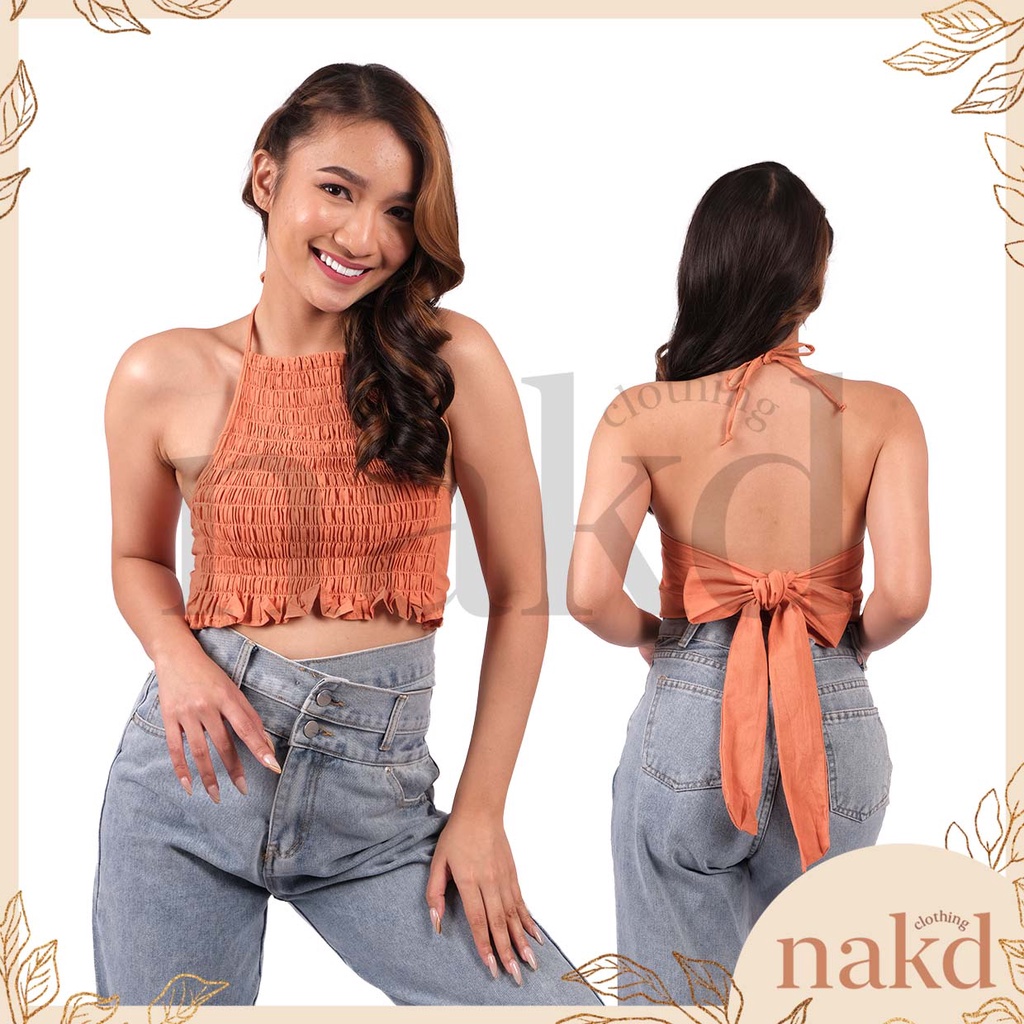 NAKD FASHION ELLERY SMOCKING HALTER SELF TIE RIBBON BACK SUMMER SEXY TOP 1500 | Shopee Philippines