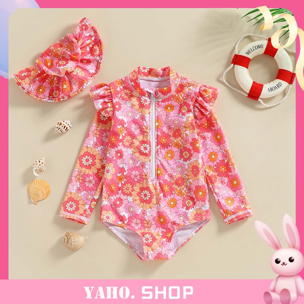 ZXT-Toddler Girls Rash Guard Swimsuit, Summer Long Sleeve Floral Print Ruffle Bathing Suit ...