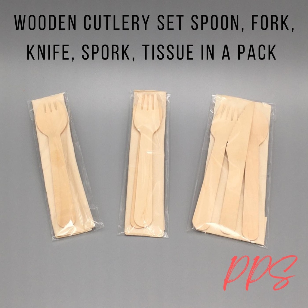 Wooden Cutlery Set Spoon, Fork, Knife & Spork, Tissue in a Pack-25 sets ...