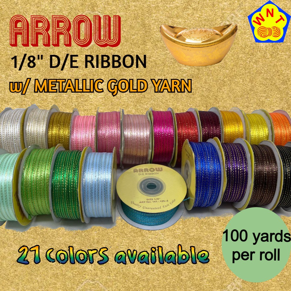 ONE EIGHTH 1/8 inch Satin Ribbon ARROW with Gold Metallic Yarn (100 ...