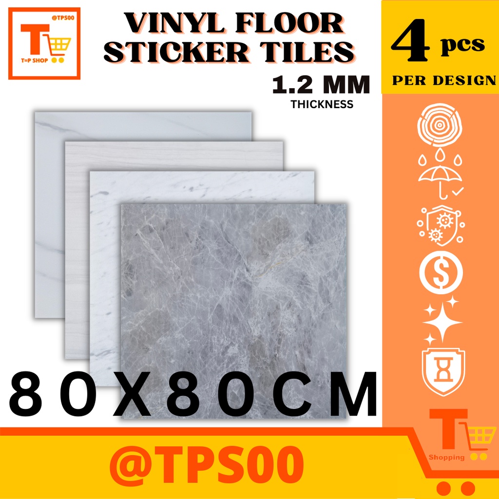 4PCS/SET FLOOR STICKER VINYL TILES "80x80" (SQUARE) WATERPROOF WITH ...