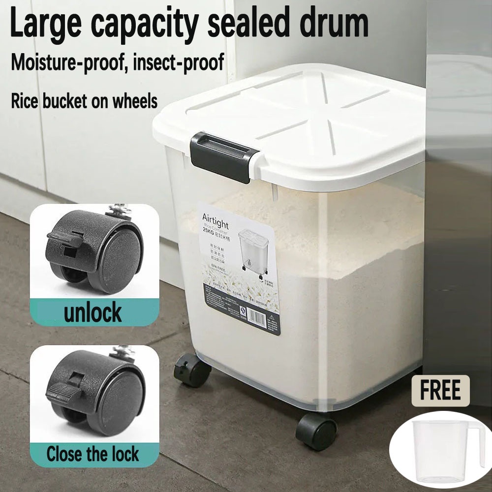 Household large capacity 25/15/10kg wheeled rice bucket wheeled rice ...