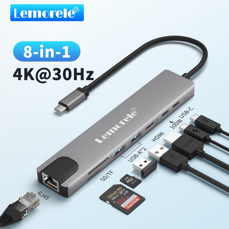 Lemorele TC19 USB C Hub 8-in-1 Adapter multi-port Adapter reading SD/TF support 4K HD resolution ...