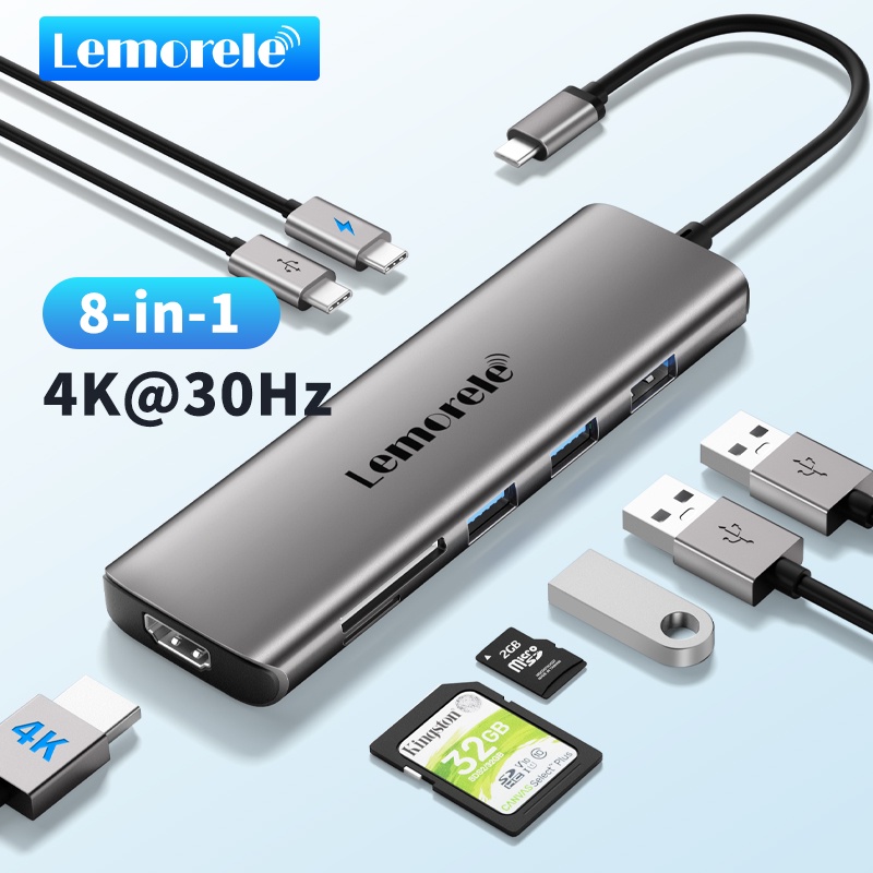 Lemorele TC38 USB C Hub 8-in-1 Adapter ultra-thin aluminum shell 4K ...