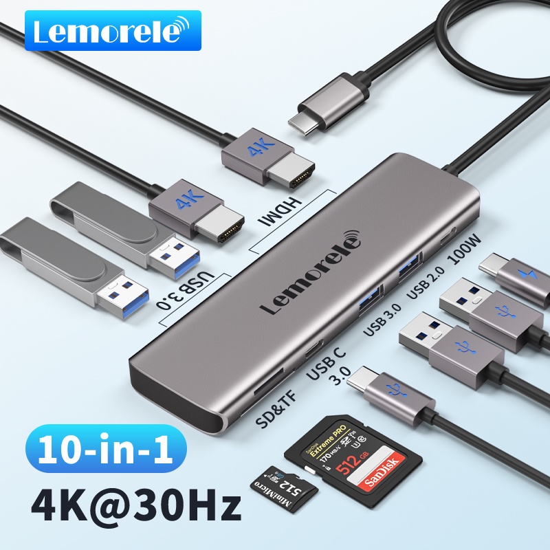 Lemorele TC91 USB-C Hub 10-in-1 multi-port Adapter 4K HDMI 3*USB 3.0 SD ...