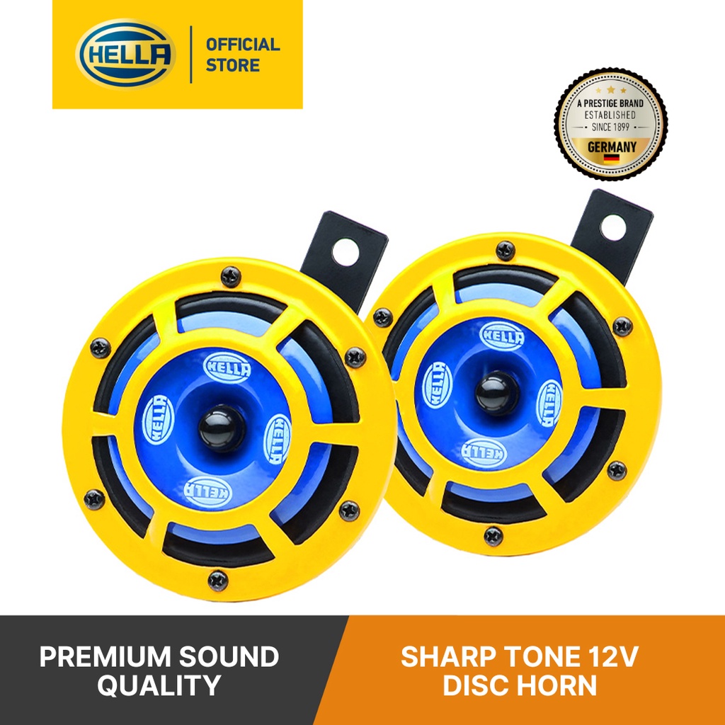 HELLA Sharp Tone 12V Disc Horn With Yellow Protective Grill Set Of 2 ...