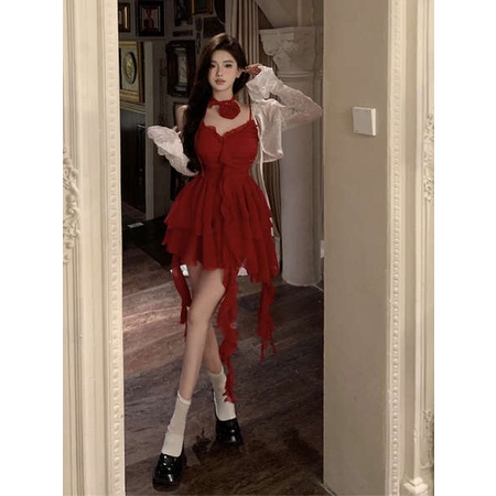 Fat mm French Retro Red Sling Dress Female Summer Plus Size Sweet Hot ...
