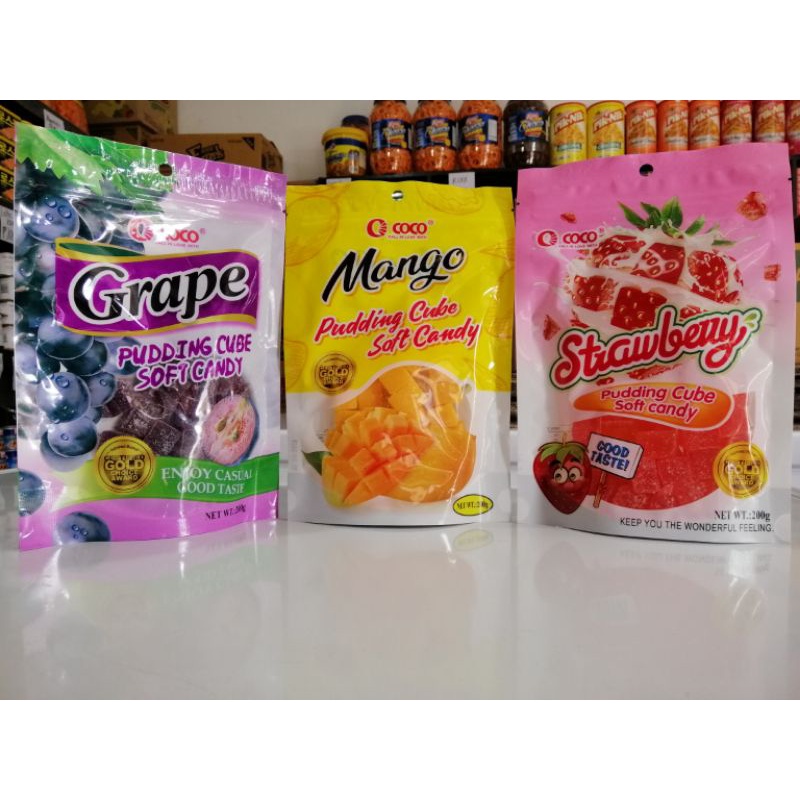 COCO Pudding Cube Soft Candy Mango/Grape/Strawberry 200 grams | Shopee ...