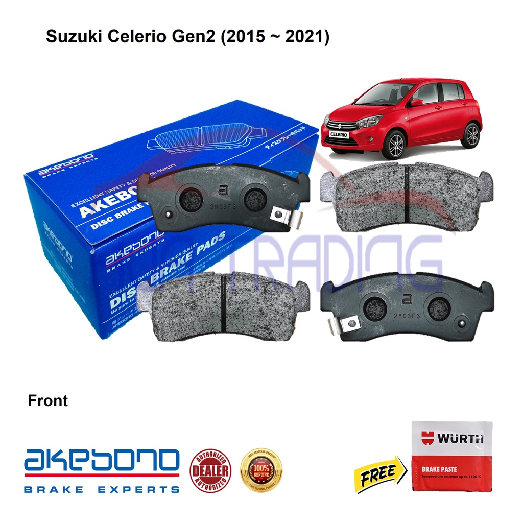 Genuine Akebono Front Brake Pads for Suzuki Celerio (2015 ~ 2021) with free WURTH Brake Paste ...