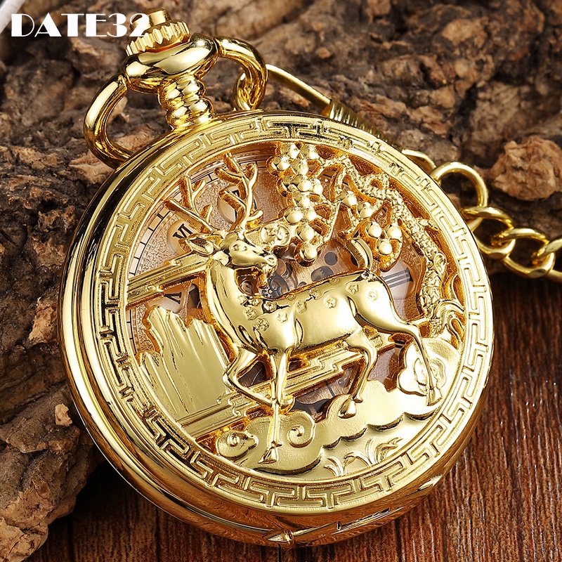 58ER Deer Pattern Mechanical Pocket Watch Skeleton Vintage Antique Gold ...