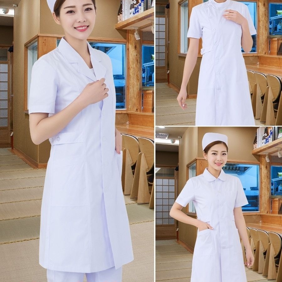 Nurse uniform long-sleeved summer dress female white coat waist short ...