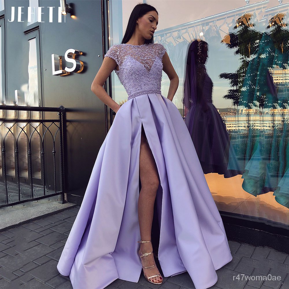 Jeheth New Dubai Arabic Lavender Satin Prom Dress With Slits Pearl