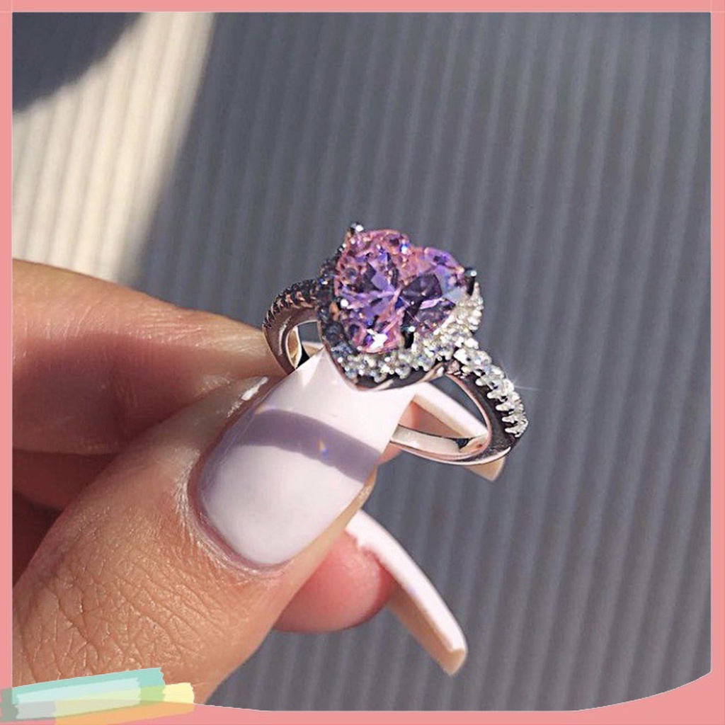[LK] Pink Heart-shaped Rhinestone Ring Platinum Plated Women Jewelry ...