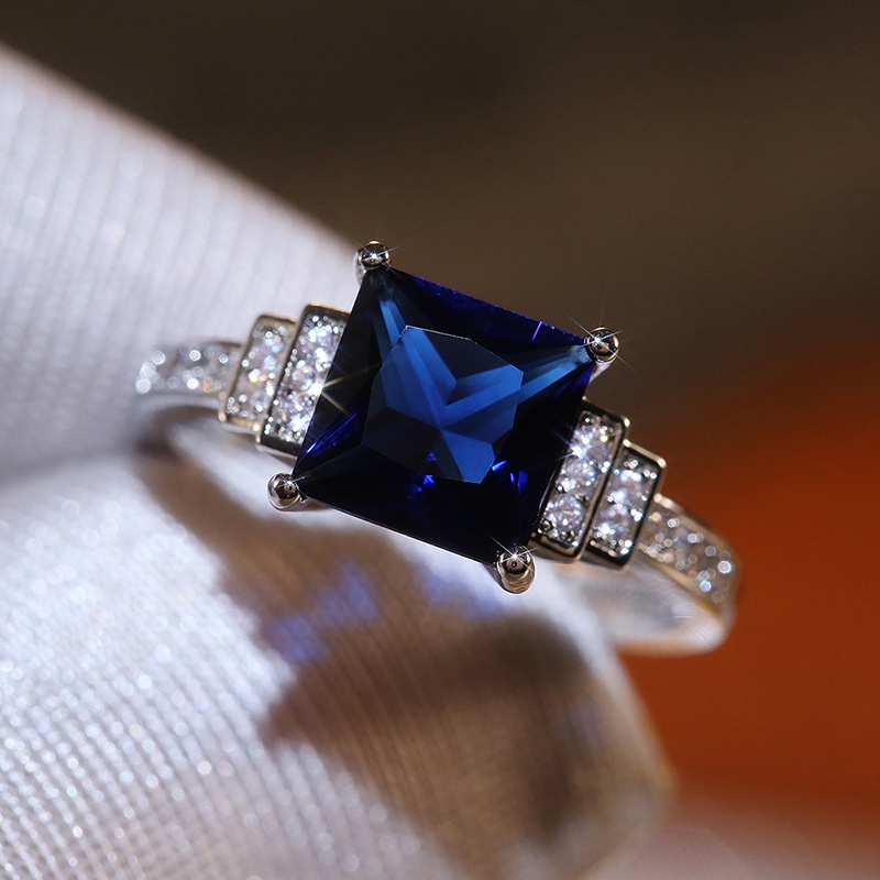Fashion Ladies Ring Dark Blue Zircon Square Cut Gemstone Super Flashing ...