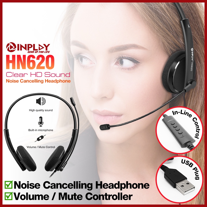 Noise Cancelling USB HEADSET w/ Mic & Volume Controller - INPLAY HN620 ...