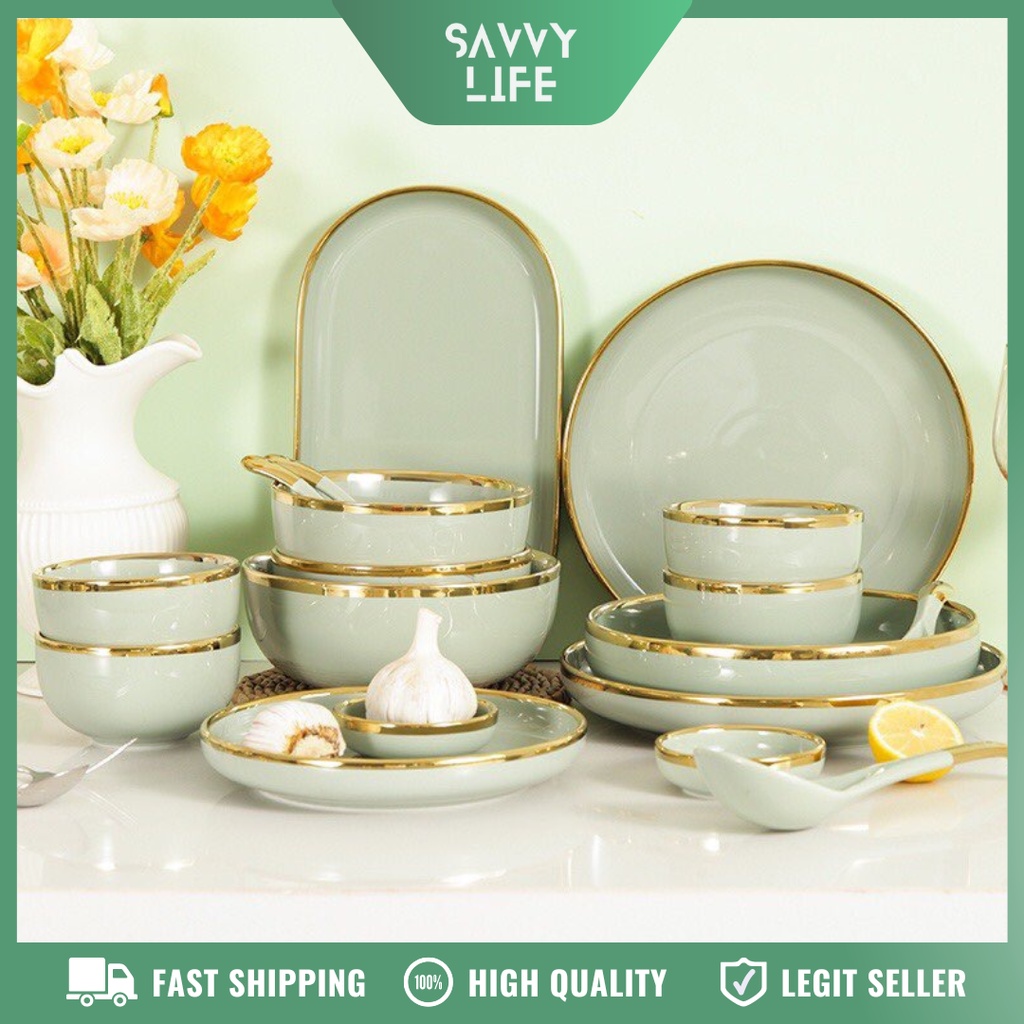 Ceramic Mint Green Dinner Plates with Gold Rim | Shopee Philippines