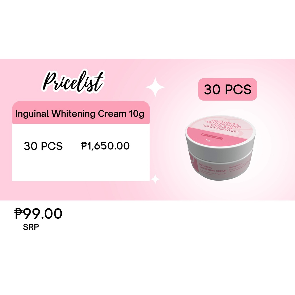 30 PCS INGUINAL WHITENING CREAM 10G | CLARITY ESSENTIALS | Shopee ...