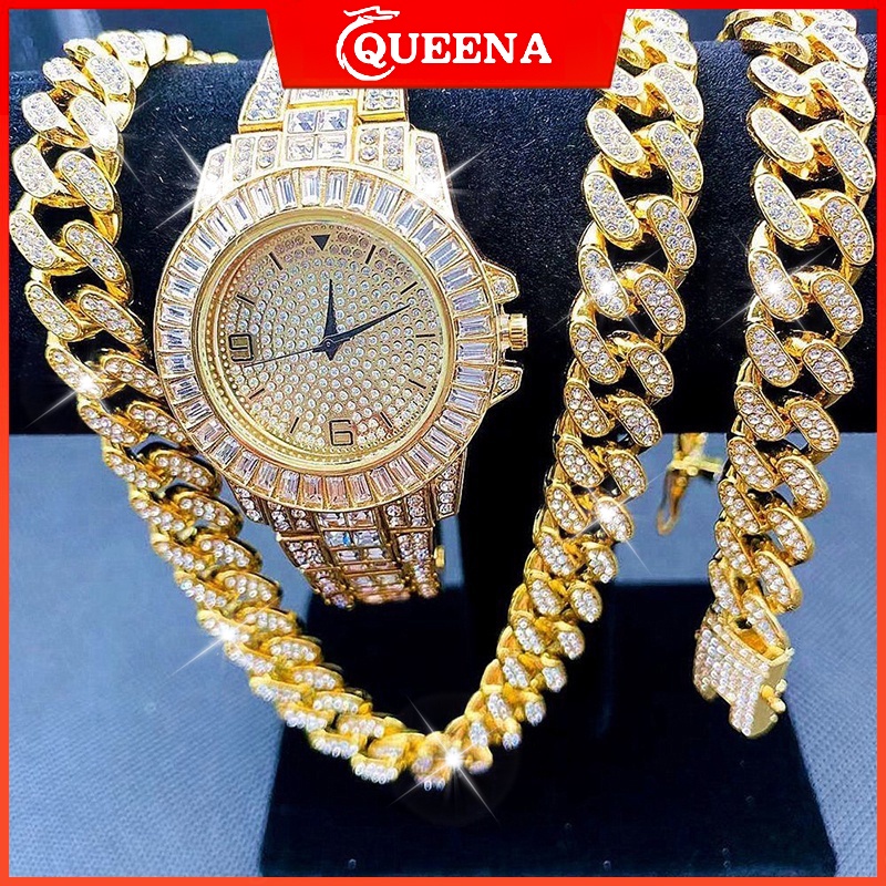 Full Diamond Women Watches Cuban Hip Hop Men's Watches Gold Chain ...