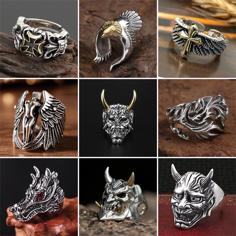 【NF】Adjustable Stainless Steel Heavy Ring Gothic Punk Skull Rings Men ...