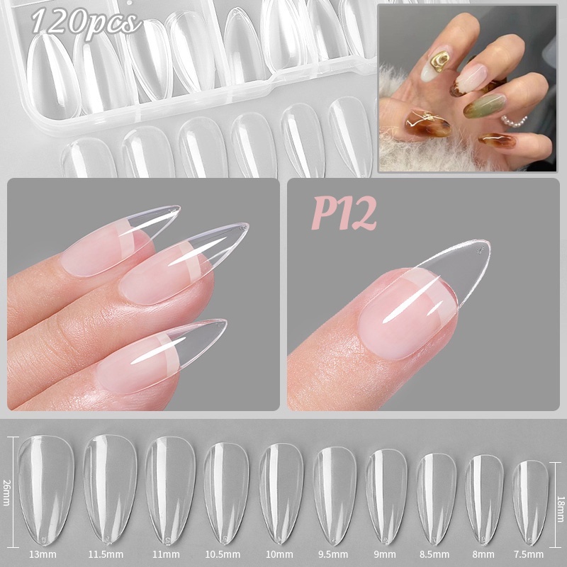 120pcs 12 Sizes Seamless Clear False Nail Tip Full Cover Square Oval