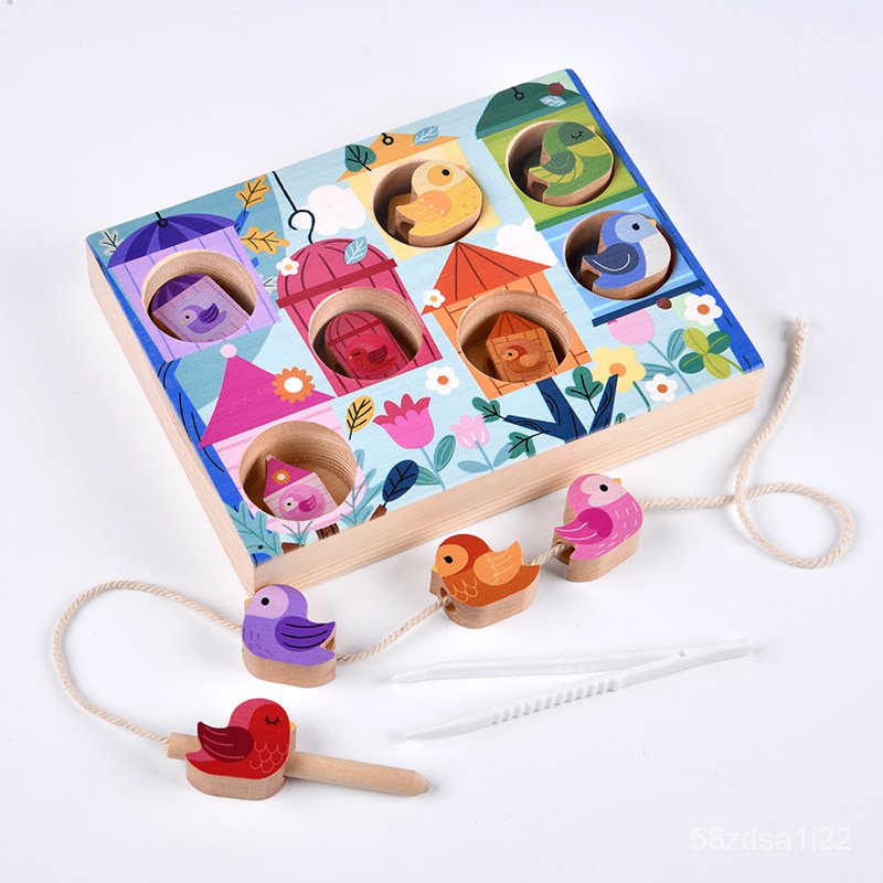 Montessori wooden bird nest lacing beads shape sorter matching toys ...