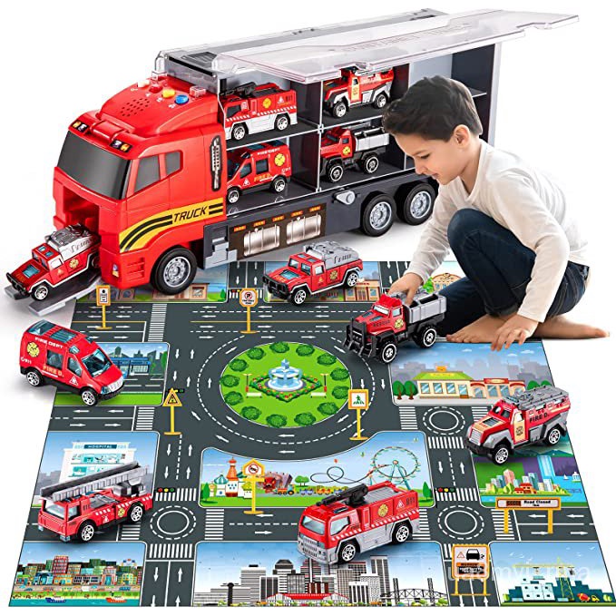 Die-cast Emergency Fire Rescue Vehicle Transport Car Toy Set w/Play Mat ...