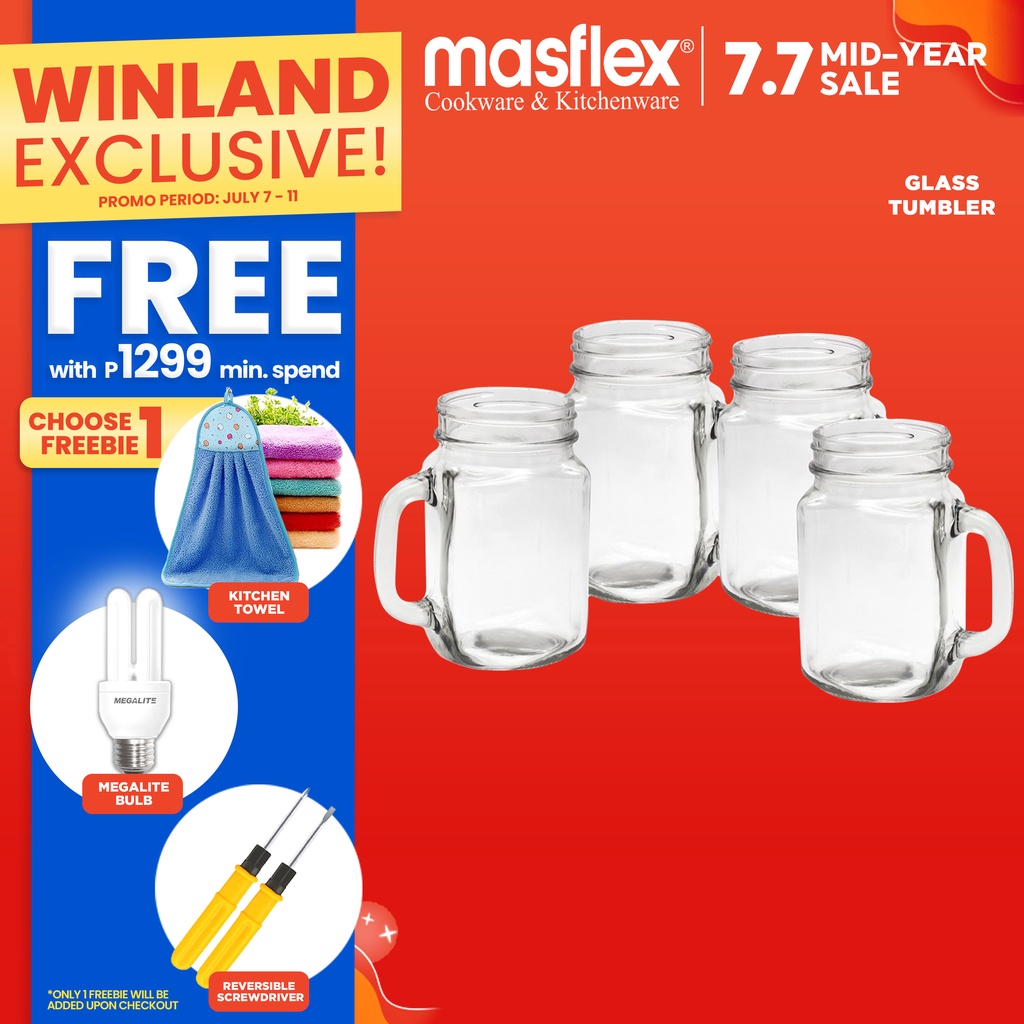 MASFLEX by Winland 450ml Glass 4 piece Glass Tumbler with Handle QG-095 ...