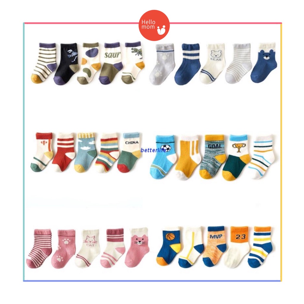 Hellomom 5 Pairs Baby Cotton Socks Animal Design Soft Infant Kids ...