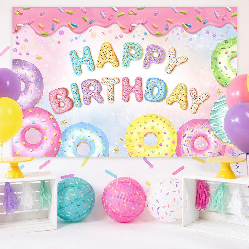 1*1.5M Donut Birthday Backdrop Doughnut Happy Birthday Banner For Girls ...
