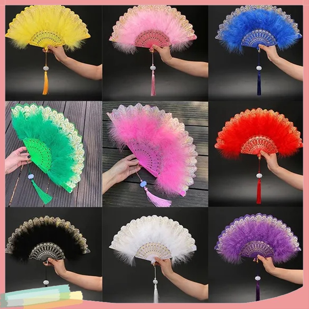 [LK] Classical Folding Fan Classical Feather Folding Fan with Pendant ...