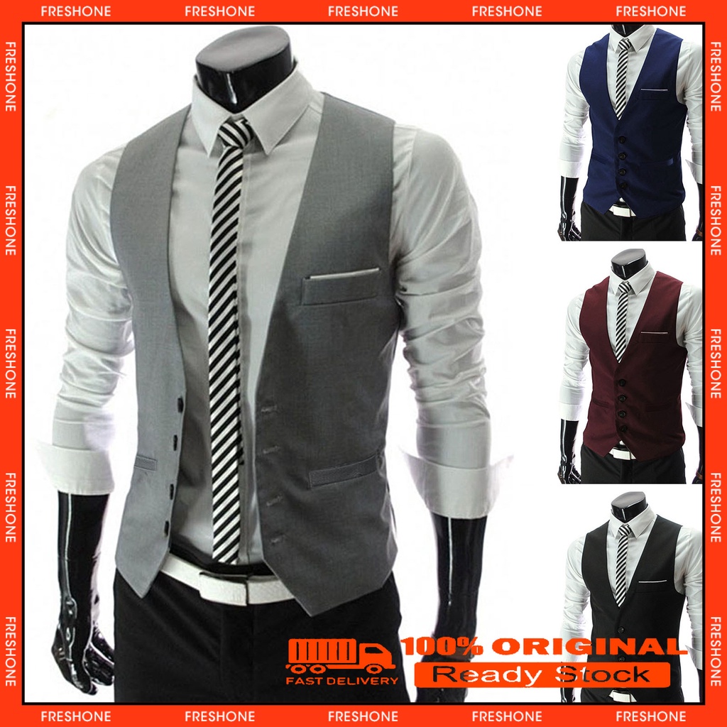 FS-Suit Vest Sleeveless Pockets Simple Solid Color Men Formal Business ...
