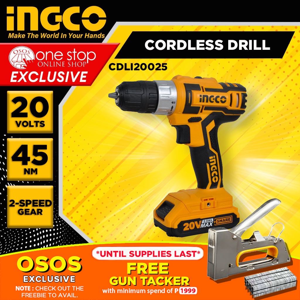 INGCO Original 20V Lithium-Ion Cordless Drill P20S POWERSHARE CDLI20025 ...
