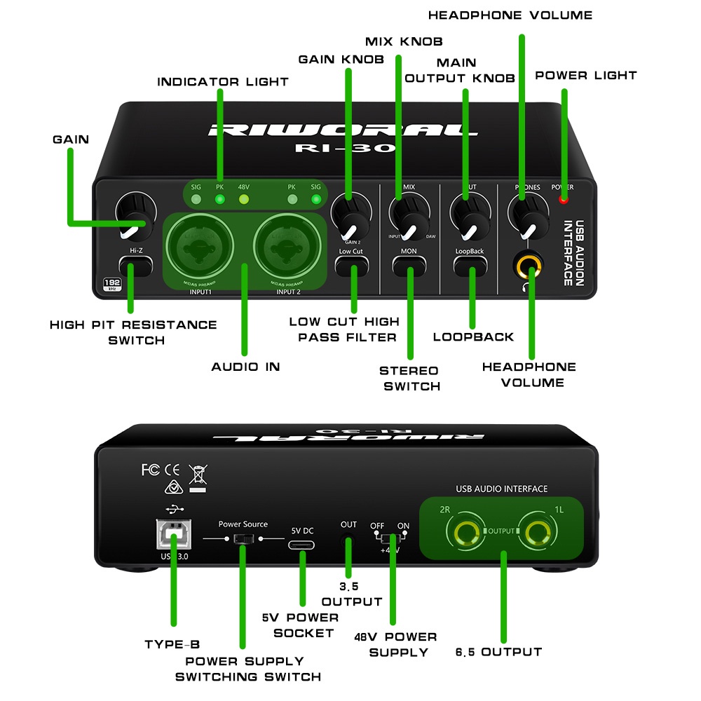 Audio Interface 24Bit/96kHz Used for Pc With XlR / 1/4 Inch Jack 2 ...