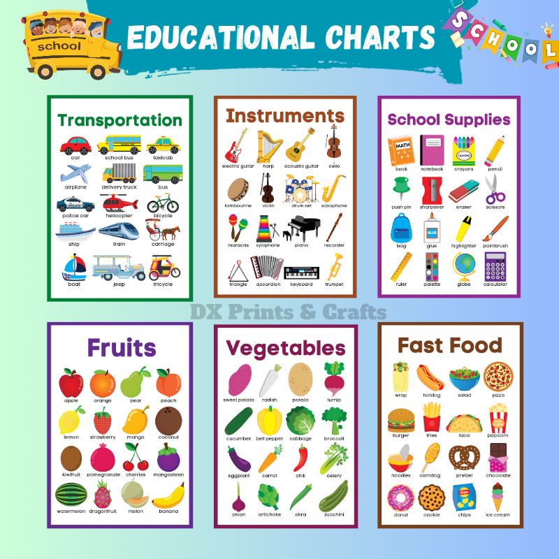 Laminated Educational chart (transportation, instruments, food, school ...