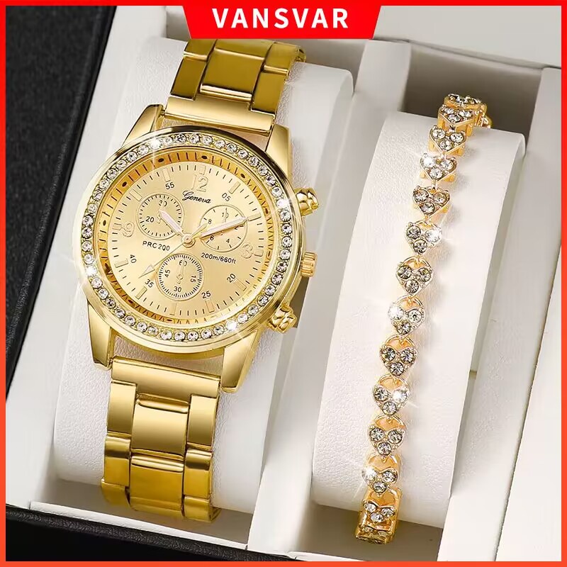 Ins Fashion Women Geneva Watches And Rhinestone Bracelet Quartz Watch Set