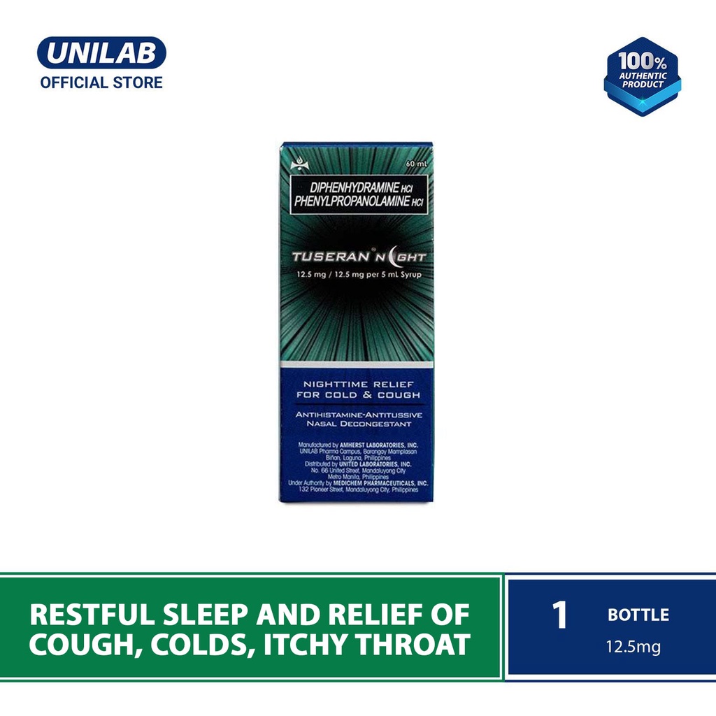 Unilab Tuseran Night Syrup 6ml - For Restful Sleep, and Relief from Cough, Colds, and Itchy ...