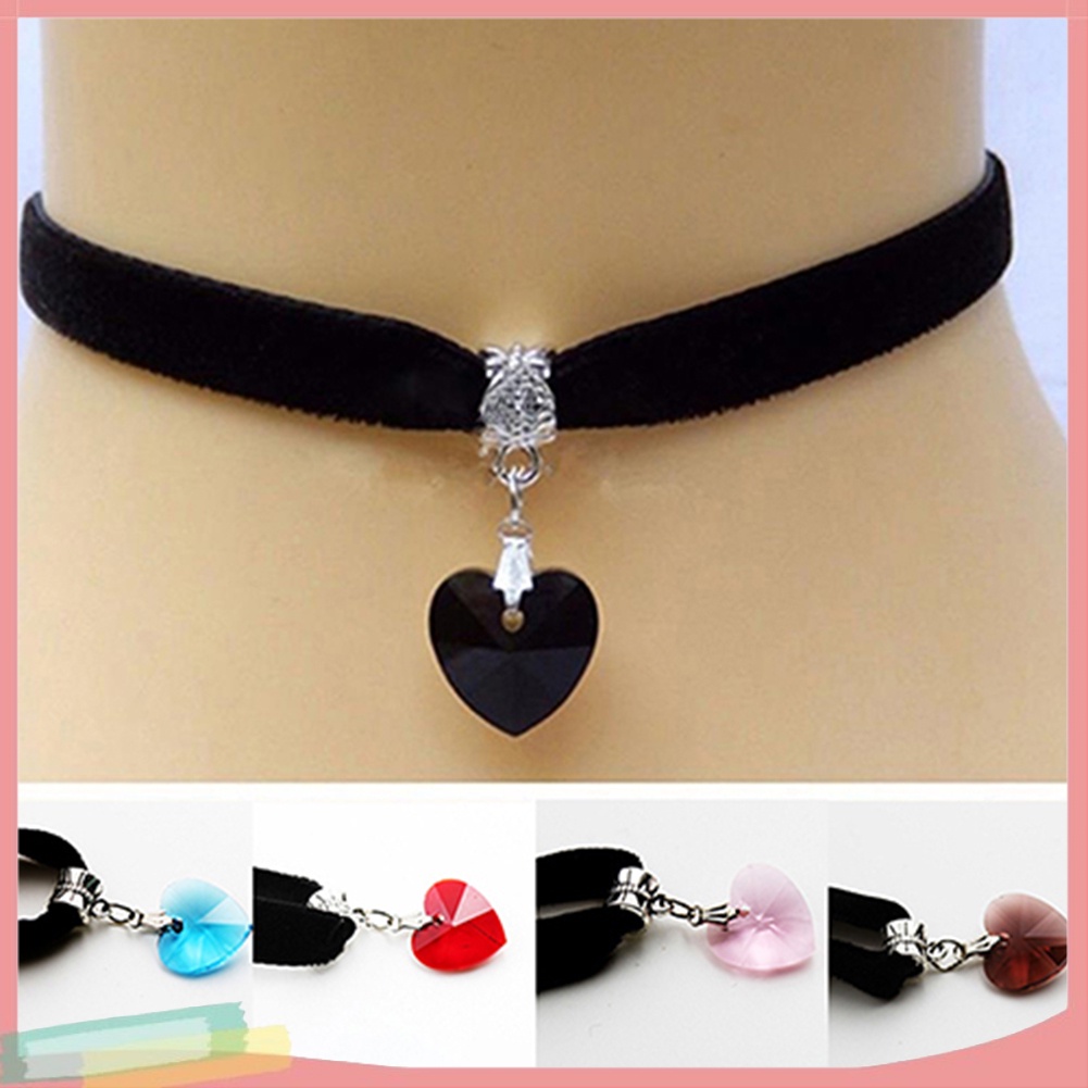 [LK] Women's Retro Gothic Velvet Rhinestone Heart Pendant Choker Collar ...