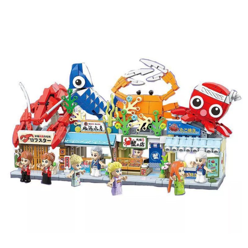 Japanese street view mini bricks Takoyaki Shop MOC creative DIY Architecture Blocks Children ...
