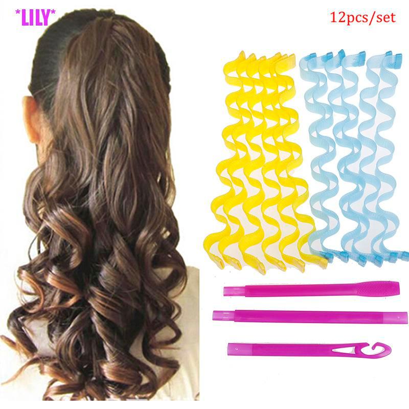 LILY> 12Pcs Portable Magic Long Hair Curlers Curl Maker Rollers Spiral ...