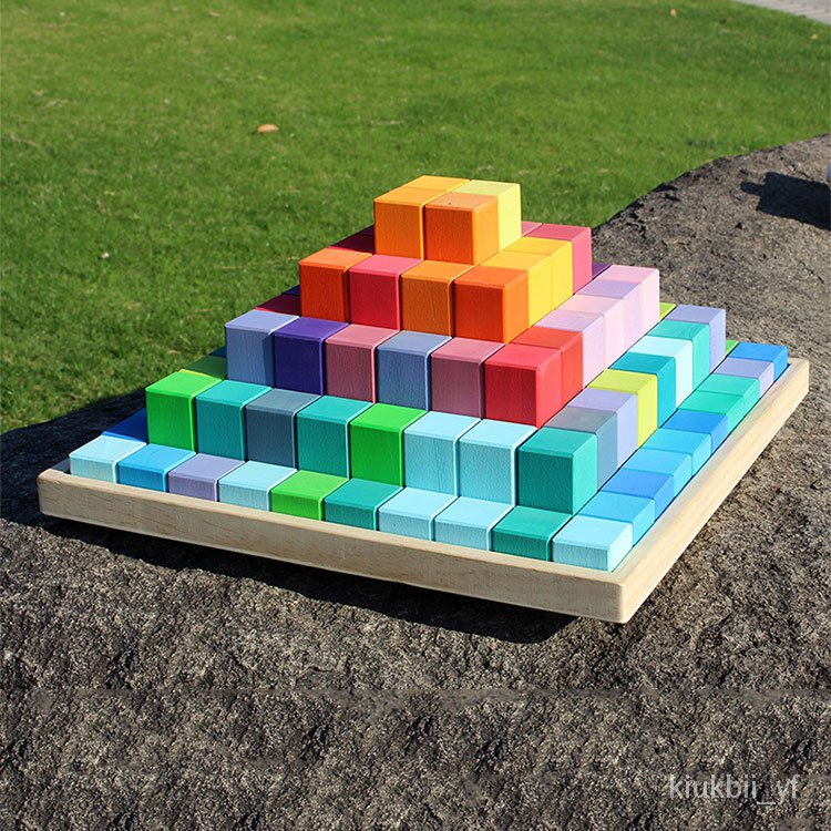 100pcs Large Wooden Building Toys beech Rainbow Pyramid Stacking Blocks ...