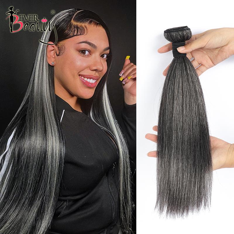Silver Grey Human Hair Bundles Ombre Salt And Pepper Color Yaki Straight Hair Bundles With ...