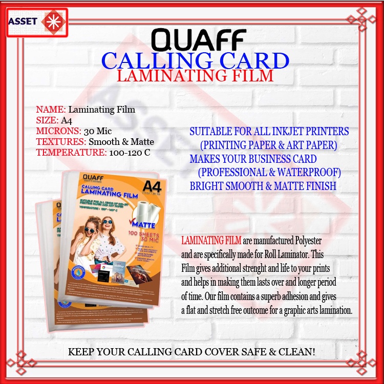 ﺴQUAFF CALLING CARD LAMINATING FILM A4 PER PACK (100PIECES) | Shopee ...