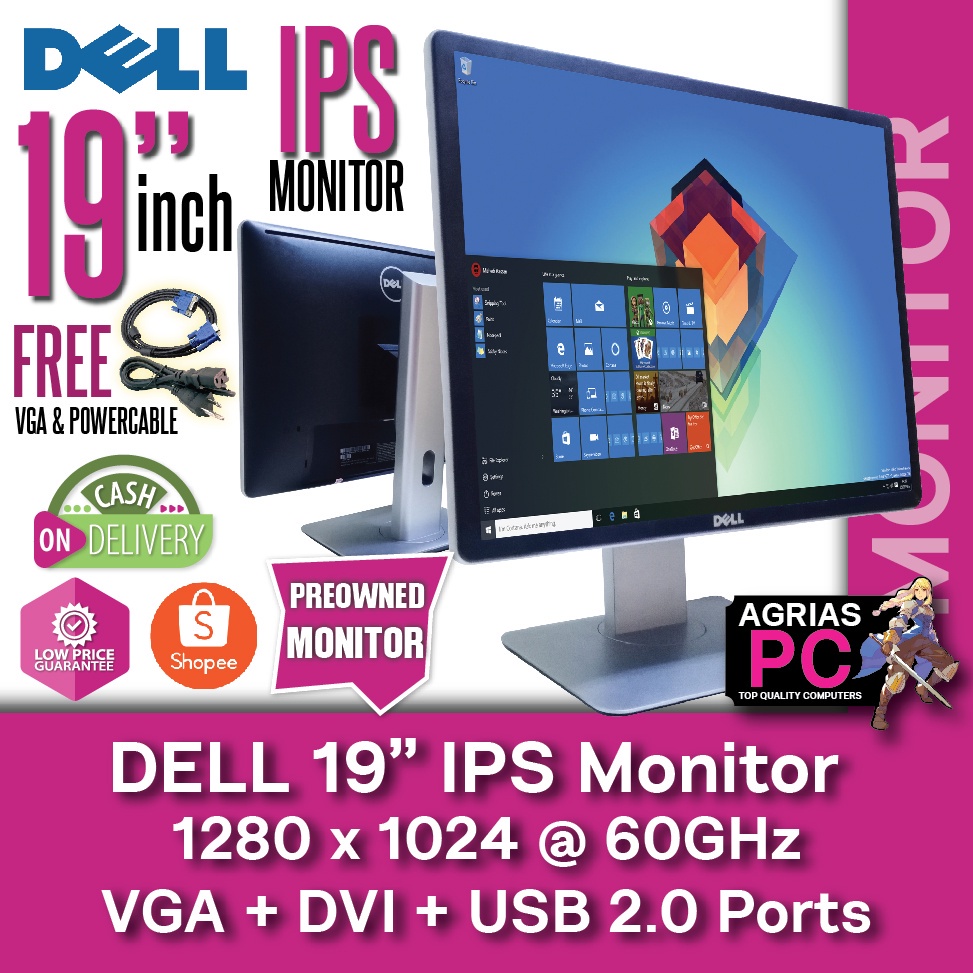 Monitor - Dell - 19 Inch Square - IPS/LED - DVI + VGA +USB Ports - Free ...