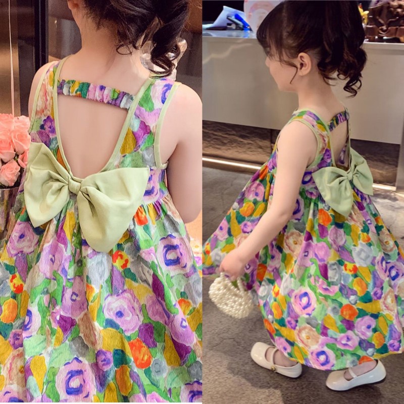 Girls' Backless Dress Summer Children's Sweet Bowknot Floral Princess ...
