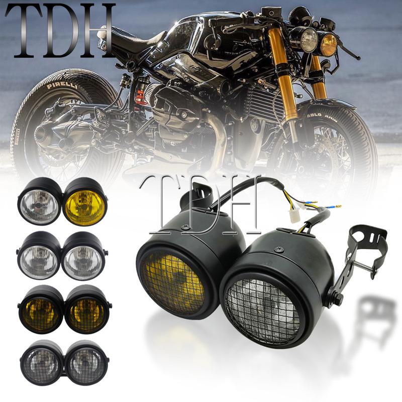 Motorcycle Twin Front Headlight Lamp W/ Bracket Mesh Grill Dual Cafe ...