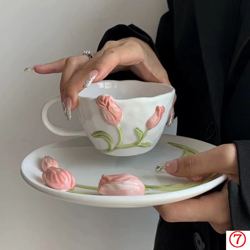 Ins Style Mug Milk White Embossed Ceramic Tulip French Retro Breakfast ...