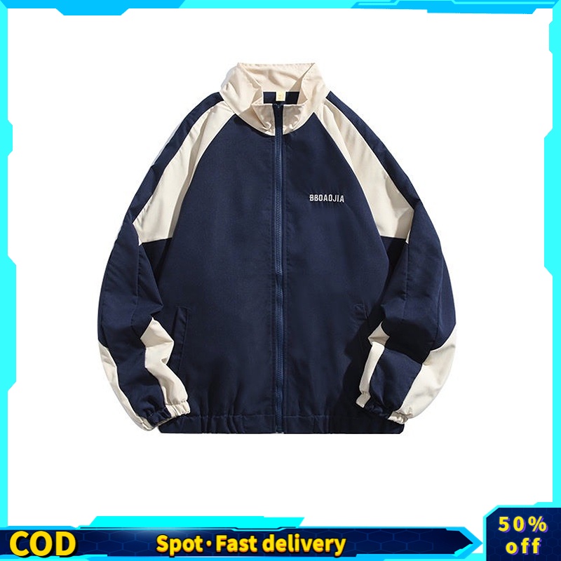 Japanese Loose Color-Blocking Stand-Up Collar Jacket With Zipper For Men Oversize Windbreaker ...