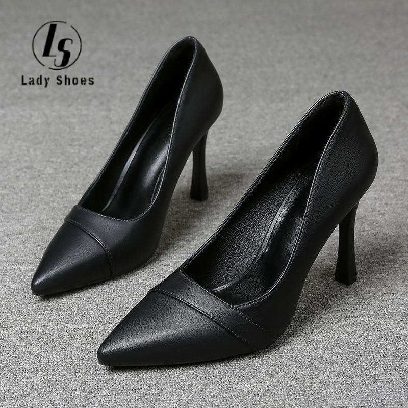 [LS]School shoes with heels Black Soft Skin Pointed Toe Women Shoes ...